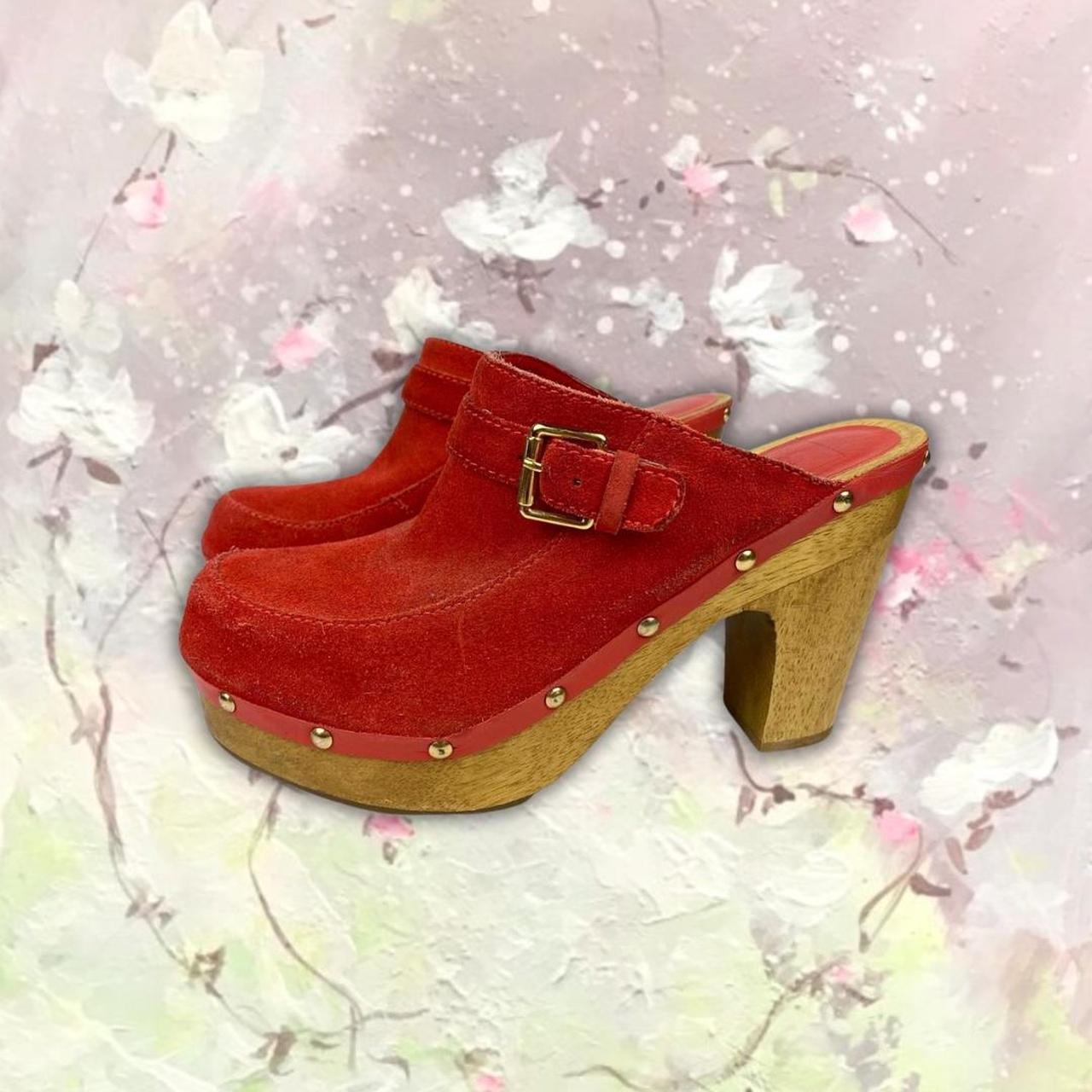 Vintage red suede wooden chunky slip on clogs.... - Depop