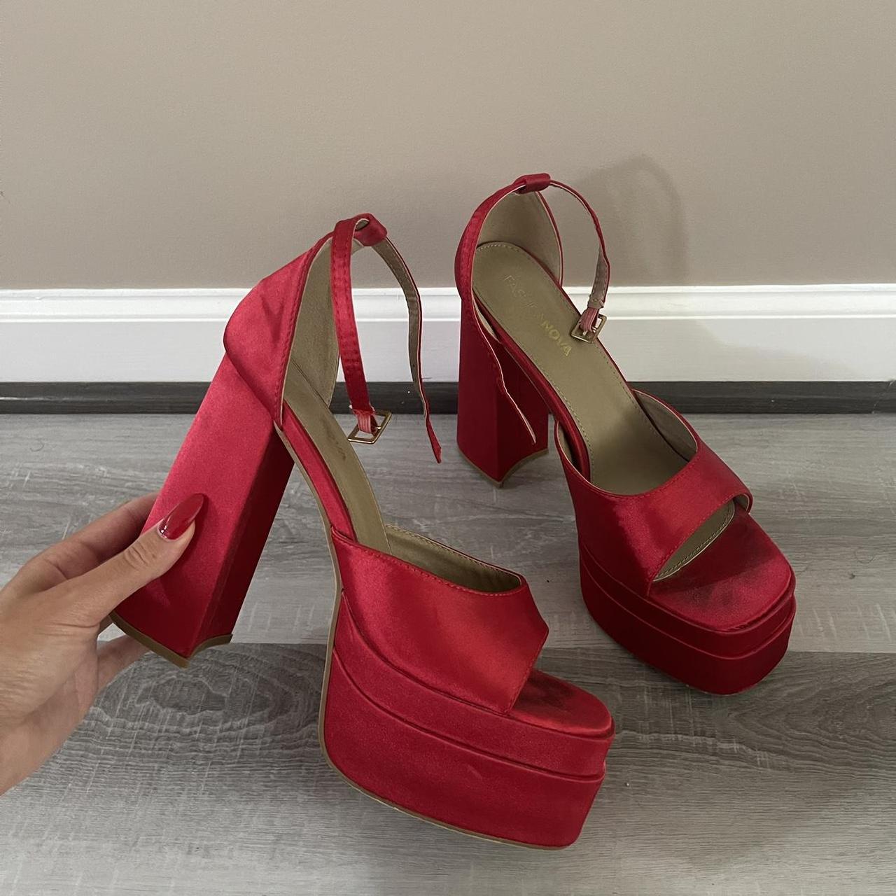 Red satin platform heels Size: women’s 10 #heels... - Depop