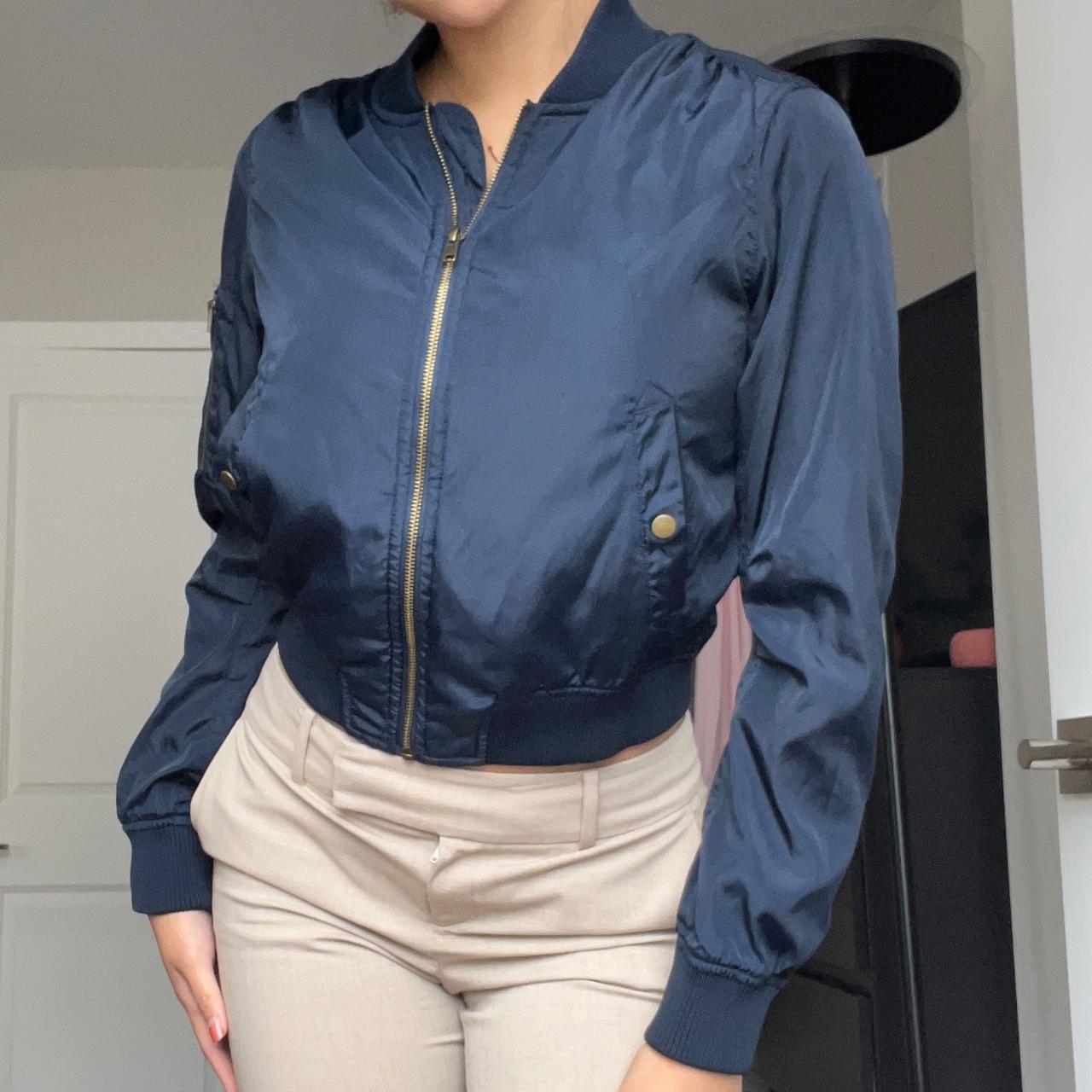 Navy blue cropped bomber jacket Size Medium, best... - Depop