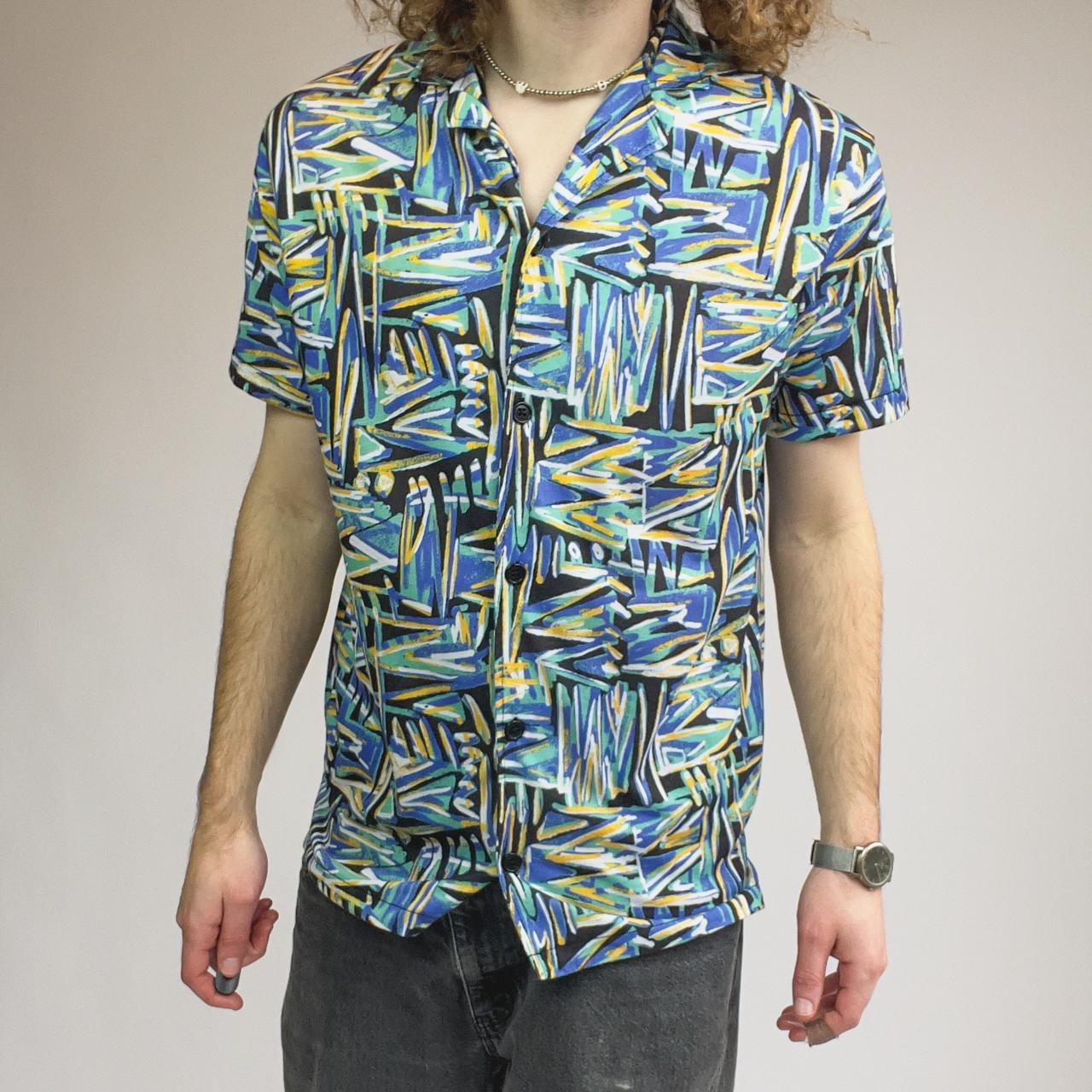 Abstract Button Up Shirt A blue/yellow button down... - Depop