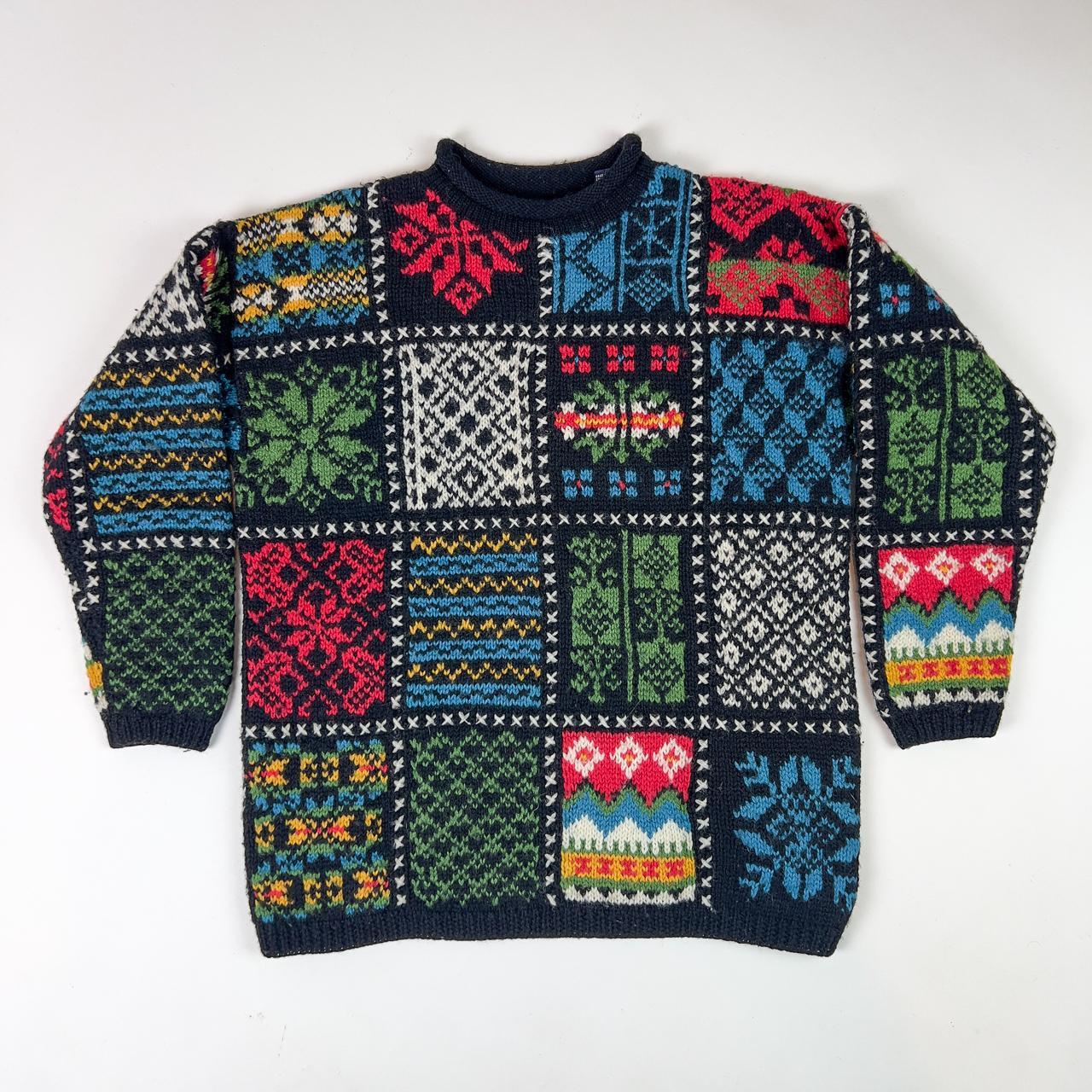 Vintage Patterned Christmas Sweater Hand knit,... - Depop