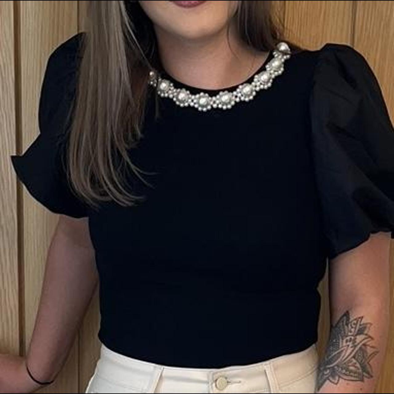 Black pearl neck top Puff sleeves Would fit a UK 8 - Depop