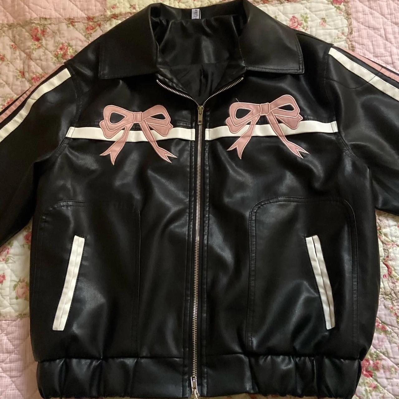 Motorcycle Pink Bow Leather Jacket 🎀🎀 #coquette... - Depop