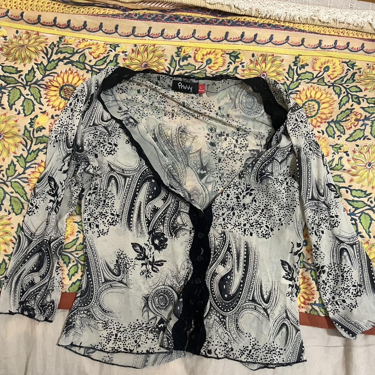 Black and white paisley mesh top with lace trim... | Depop