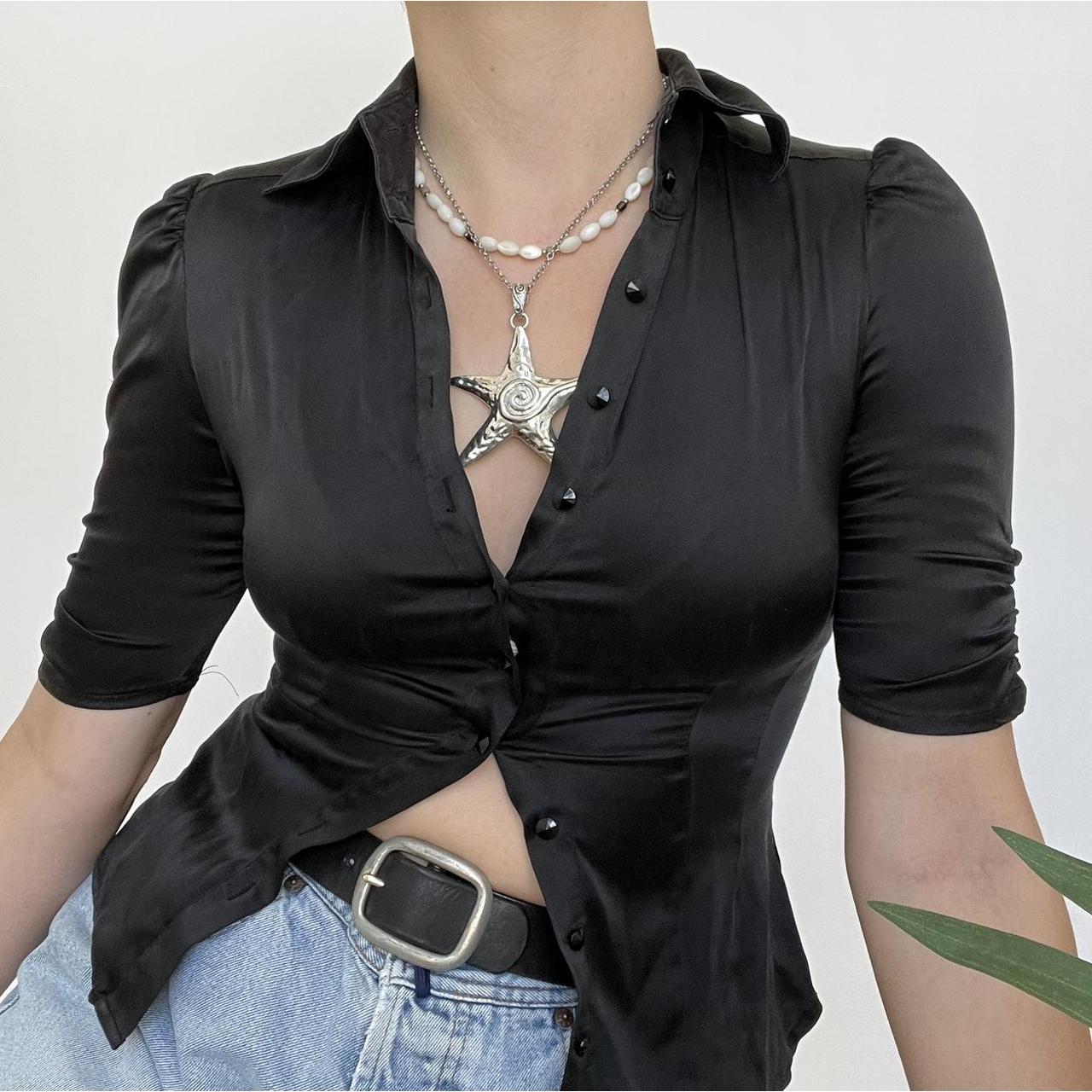 y2k black milk maid puffy sleeve button up blouse... - Depop