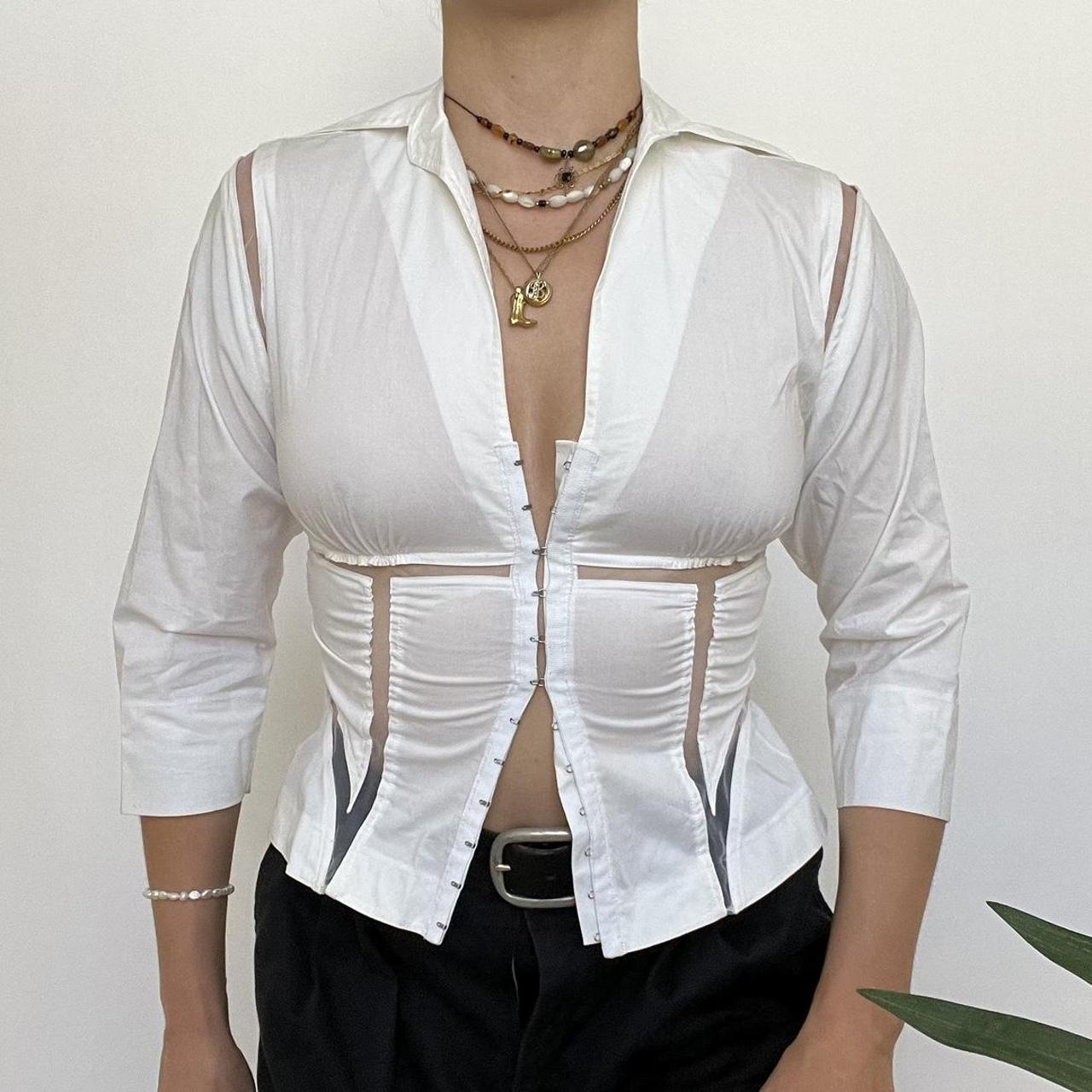 Y2K white clasp front pop collar blouse not very... - Depop