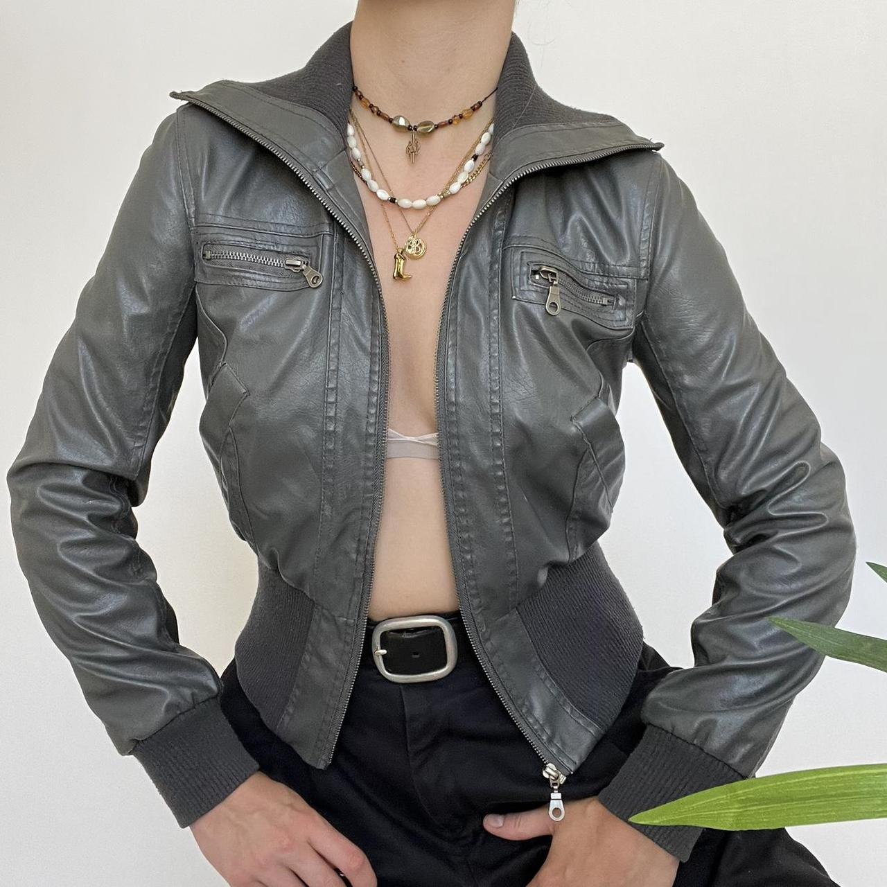 Y2K Grey Moda Faux Leather Biker Jacket condition:... - Depop