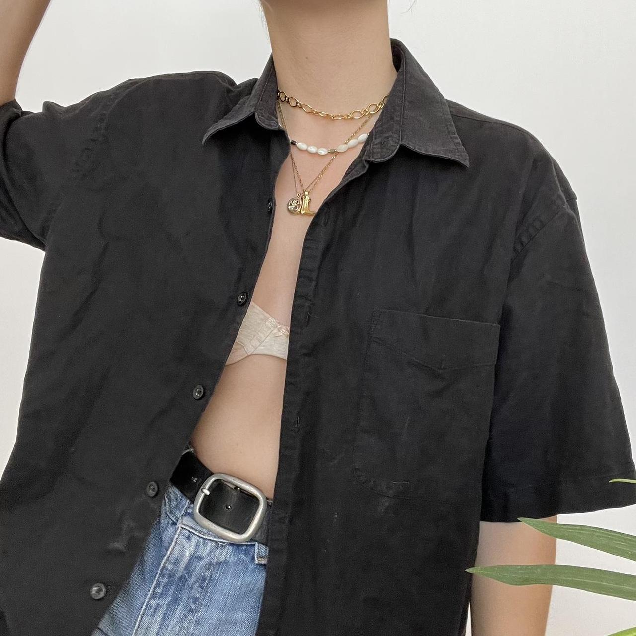 y2k black linen button up indie blouse condition:... - Depop