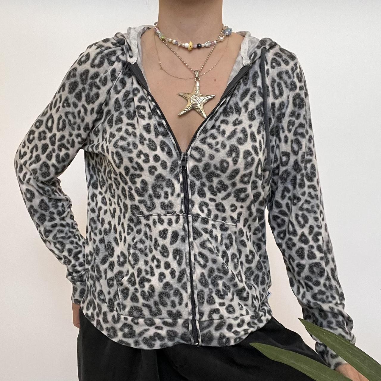 Grey and black leopard print zip up hoodie jacket... - Depop