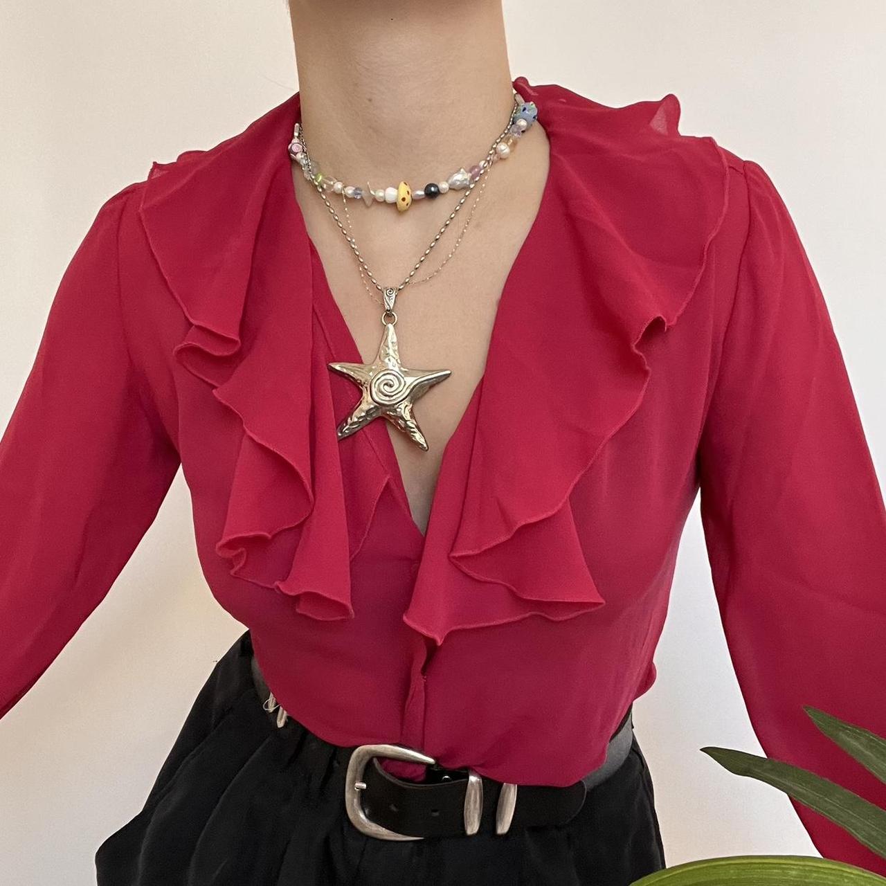 Red ruffle collar long sleeve blouse... - Depop