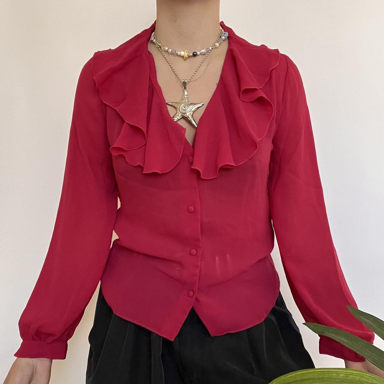 Red ruffle collar long sleeve blouse... - Depop