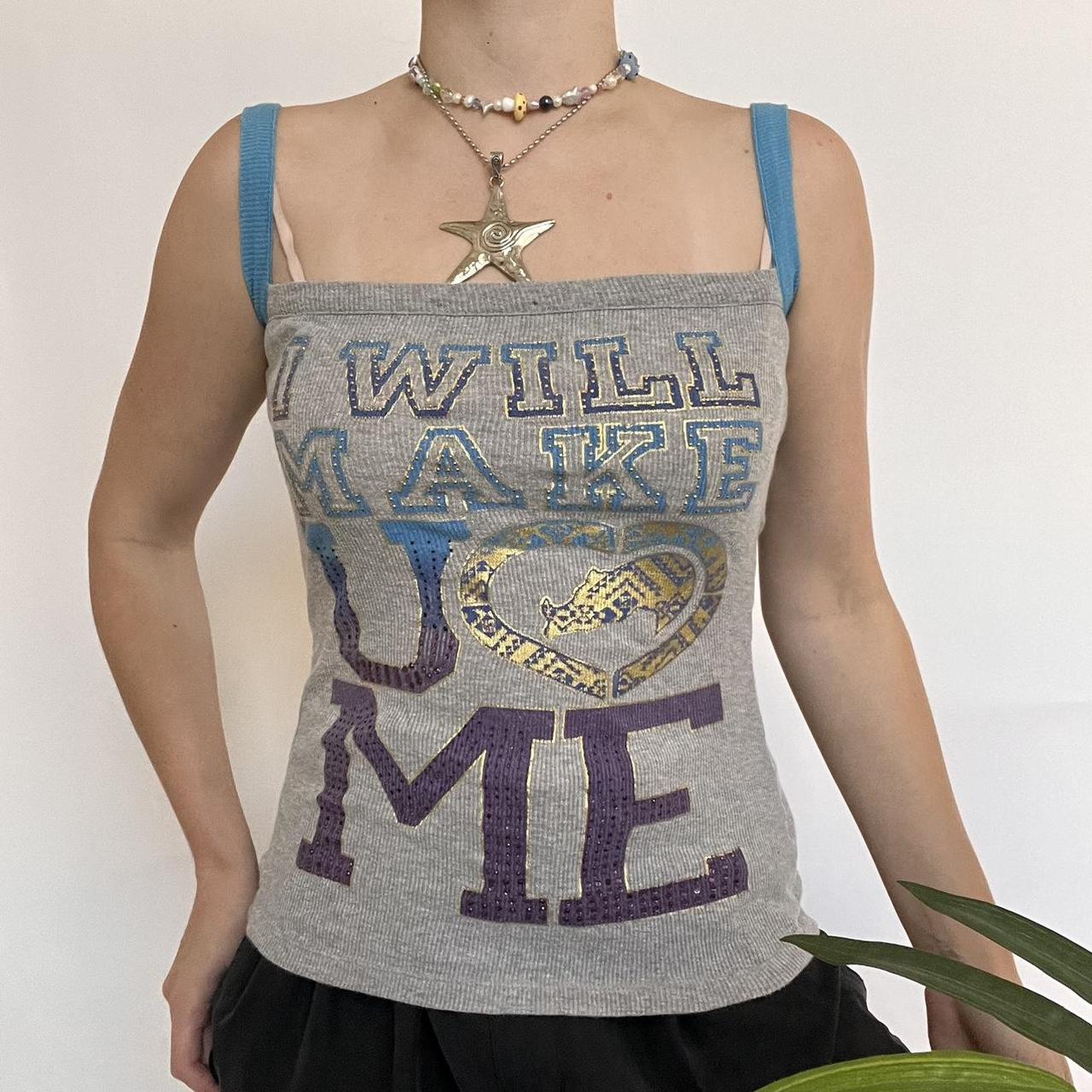 Grey and purple rhinestone tank top with 'I will... | Depop