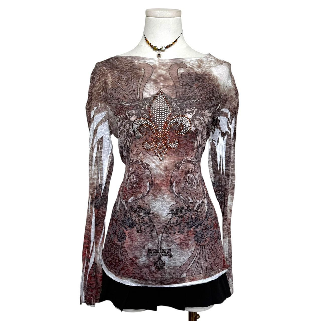 y2k grunge rhinestone long sleeve shirt ♡ message... | Depop