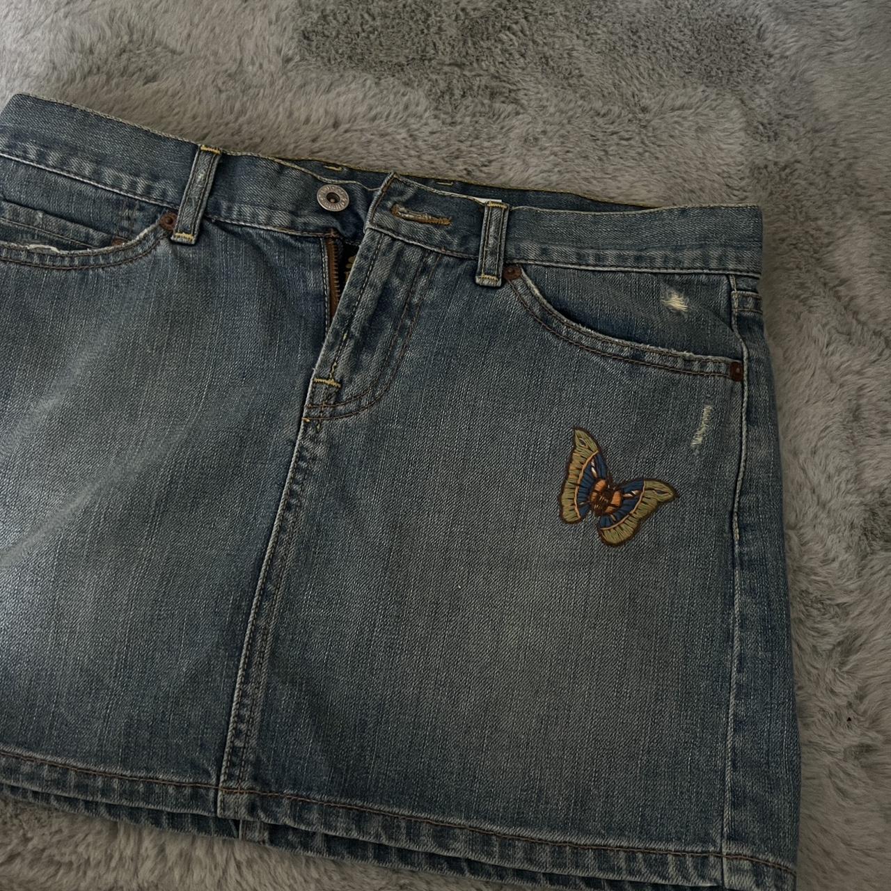 Lucky brand butterfly embroidered denim mini skirt.... - Depop
