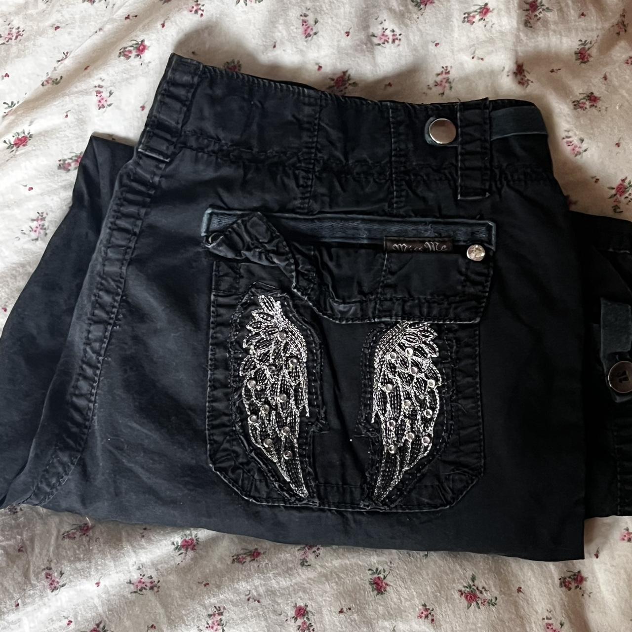Miss me Black cargo pants with silver angel wings on... | Depop
