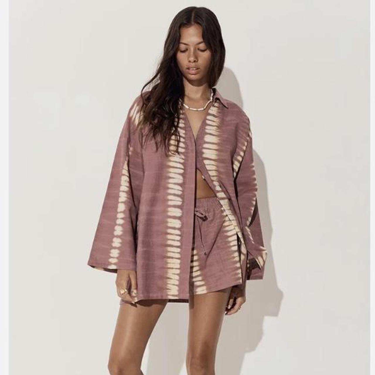 Maurie and Eve Sunny Scene Button Up Top Purple tie... - Depop