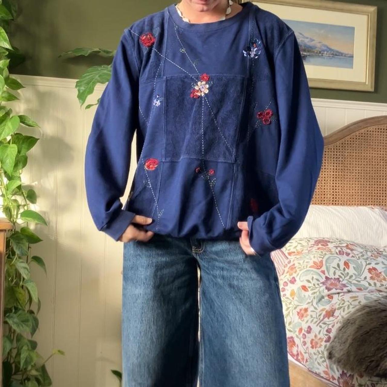 Navy blue vintage embroidered flower sweater #boho... - Depop