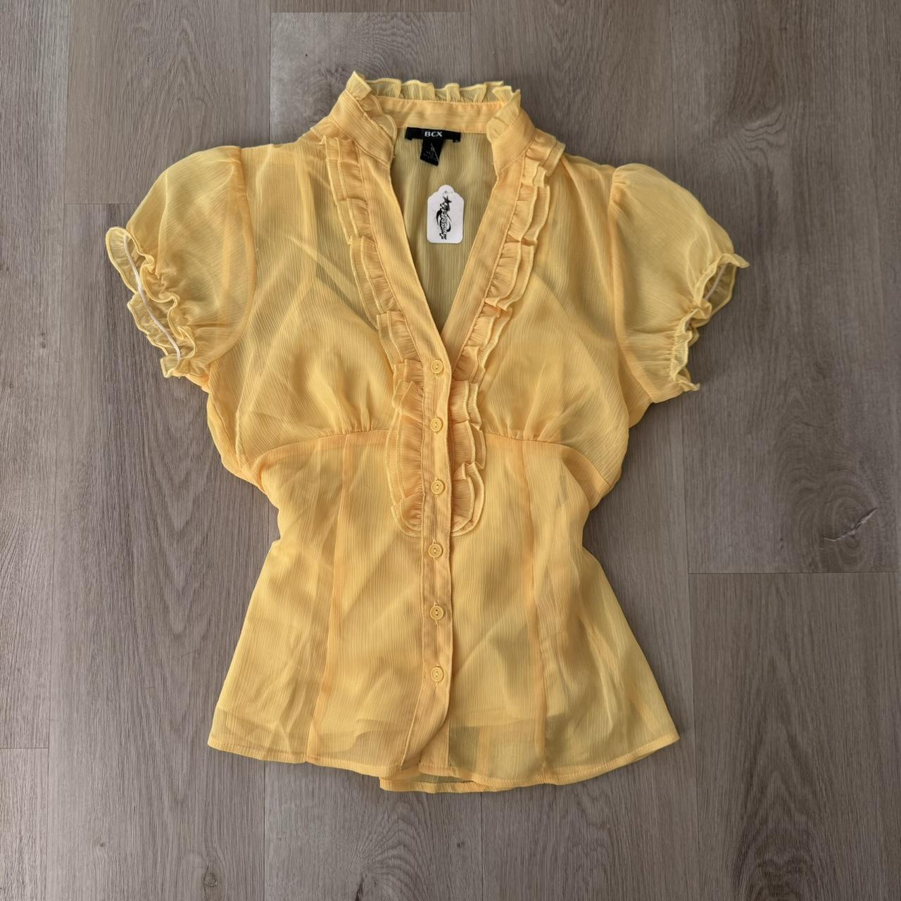 Yellow ruffled blouse button-up front and short... - Depop