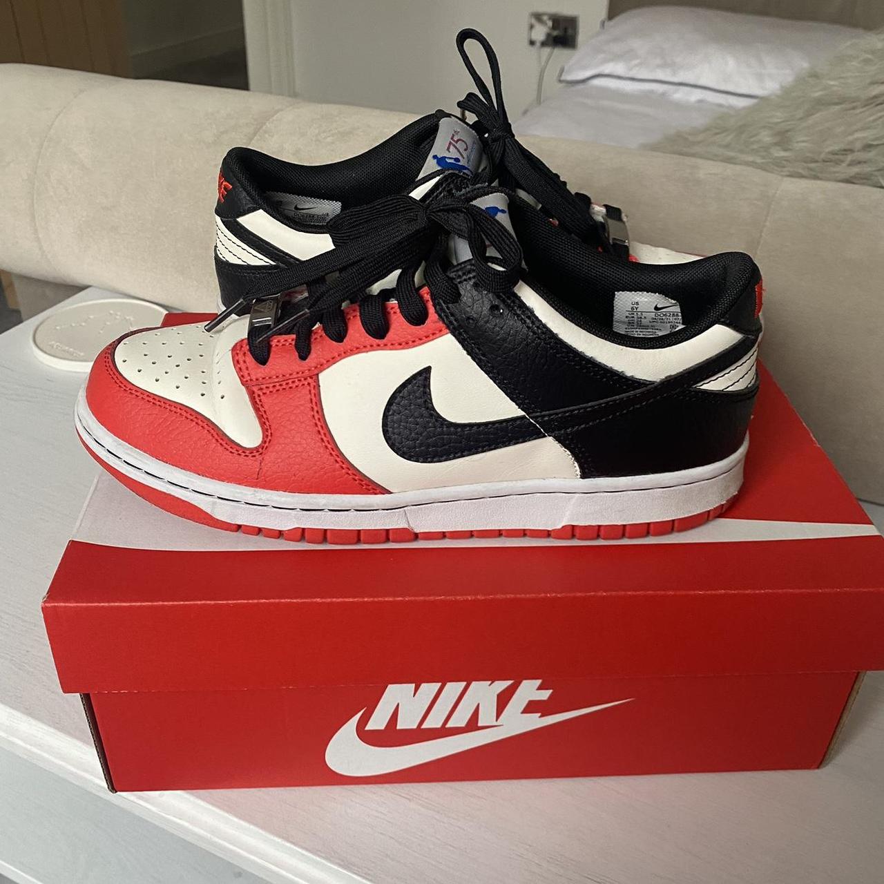 Nike low dunks GS size 5.5 red black cream 75th... - Depop