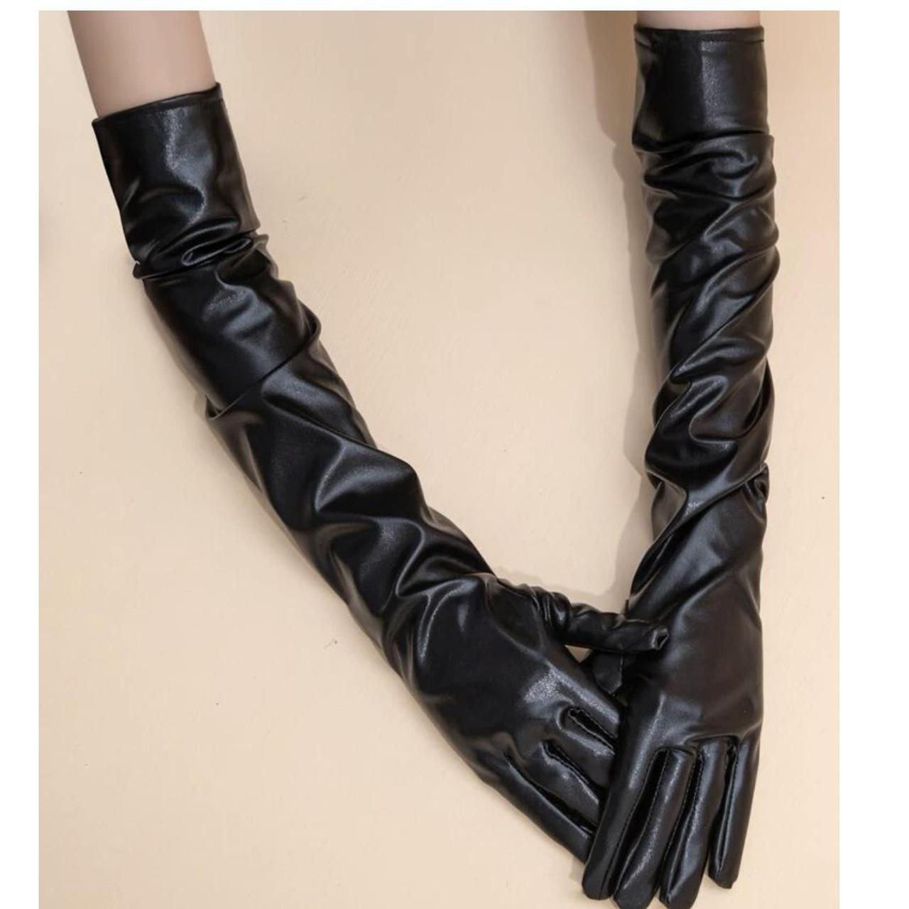 Solid Black Long Gloves Leather like material 🧚🏽... - Depop
