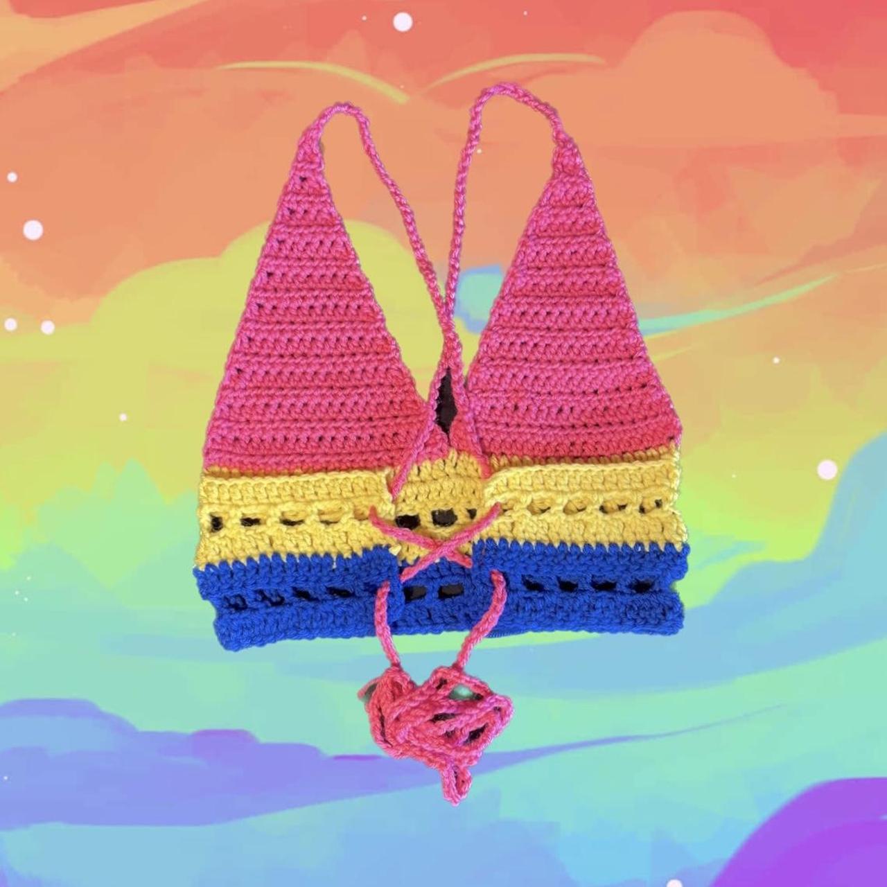 PANSEXUAL PRIDE FLAG CROCHET TOP🩷💛💙 - handmade to... - Depop
