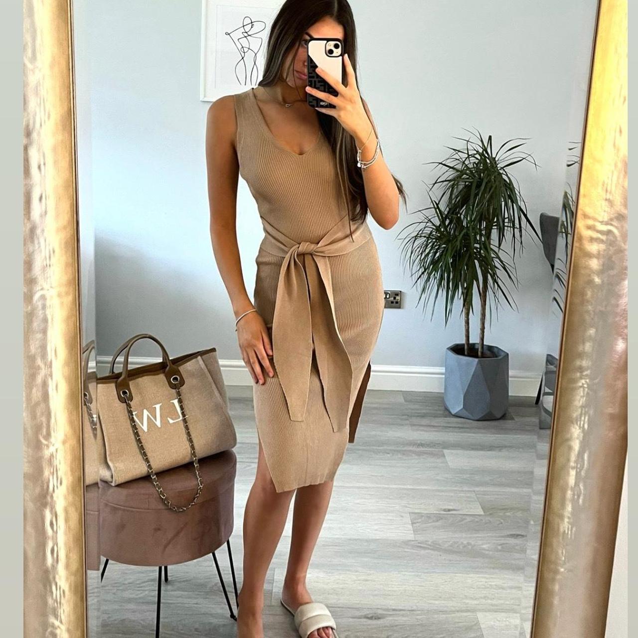 beige ribbed midi dress split tie - Depop