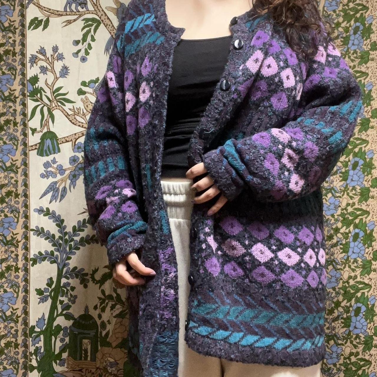 purple pattern long button up cardigan - Depop