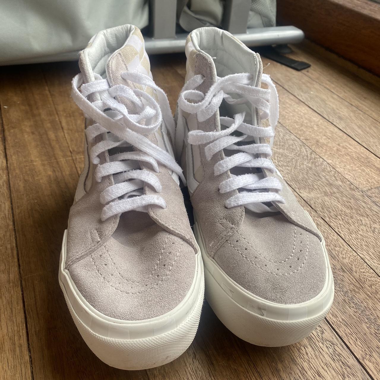 White Pink Checkerboard Hightop Platform Vans Size... - Depop