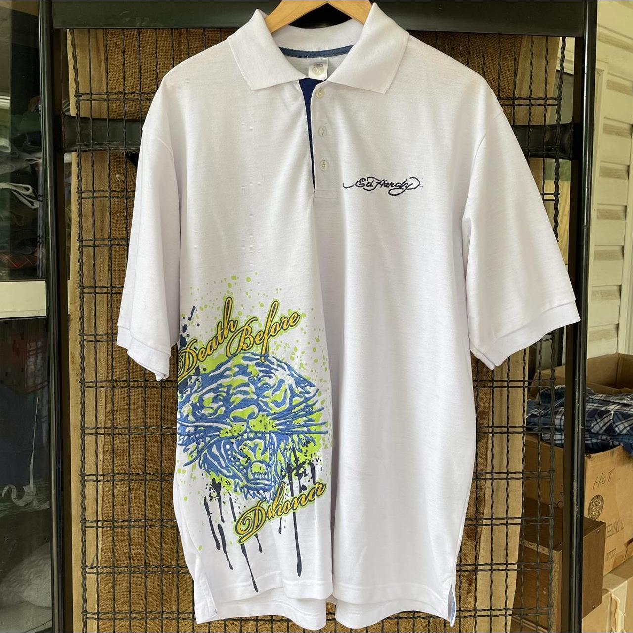 Ed Hardy Men's White and Blue Polo-shirts | Depop