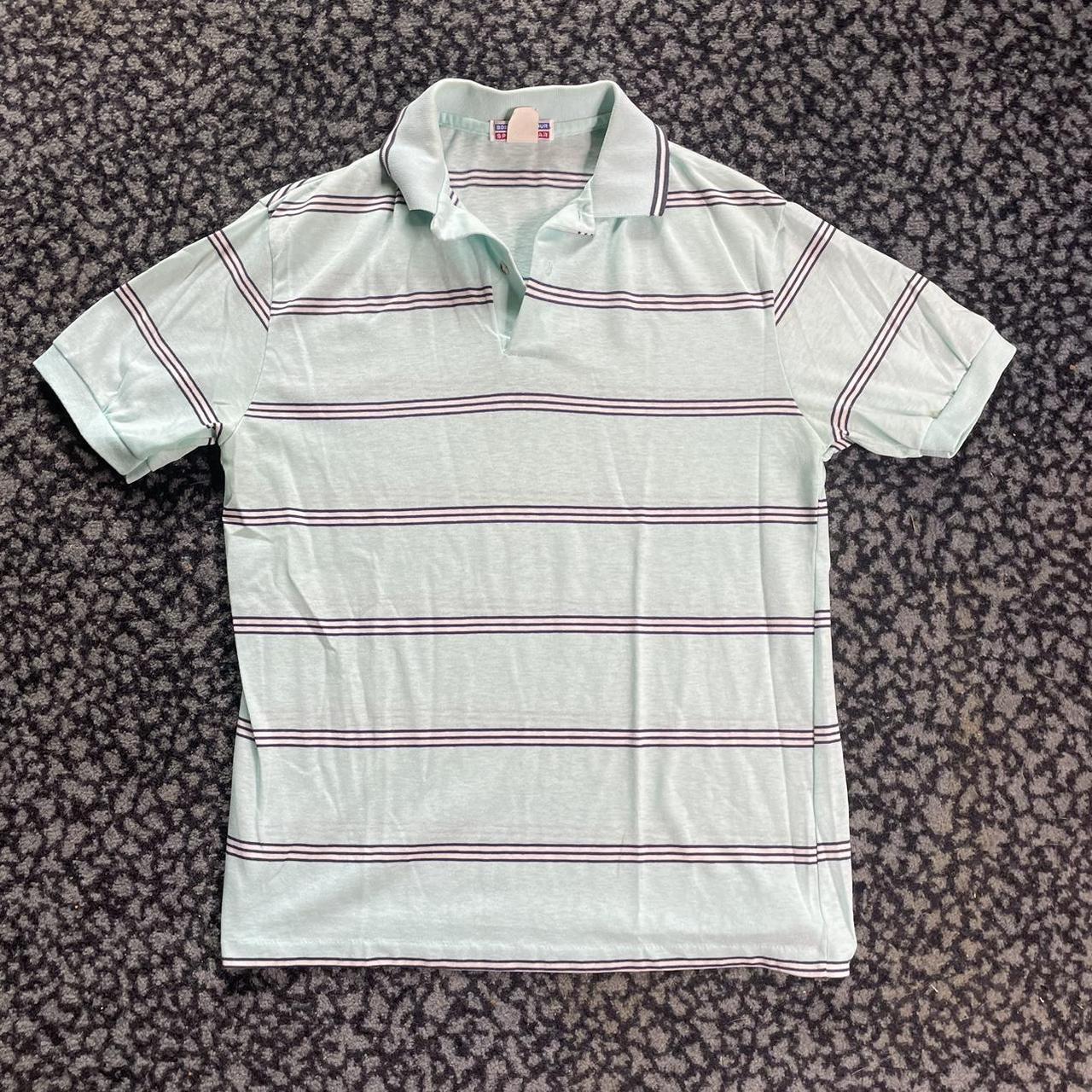 vintage 1970s striped polo shirt tiffany blue... - Depop