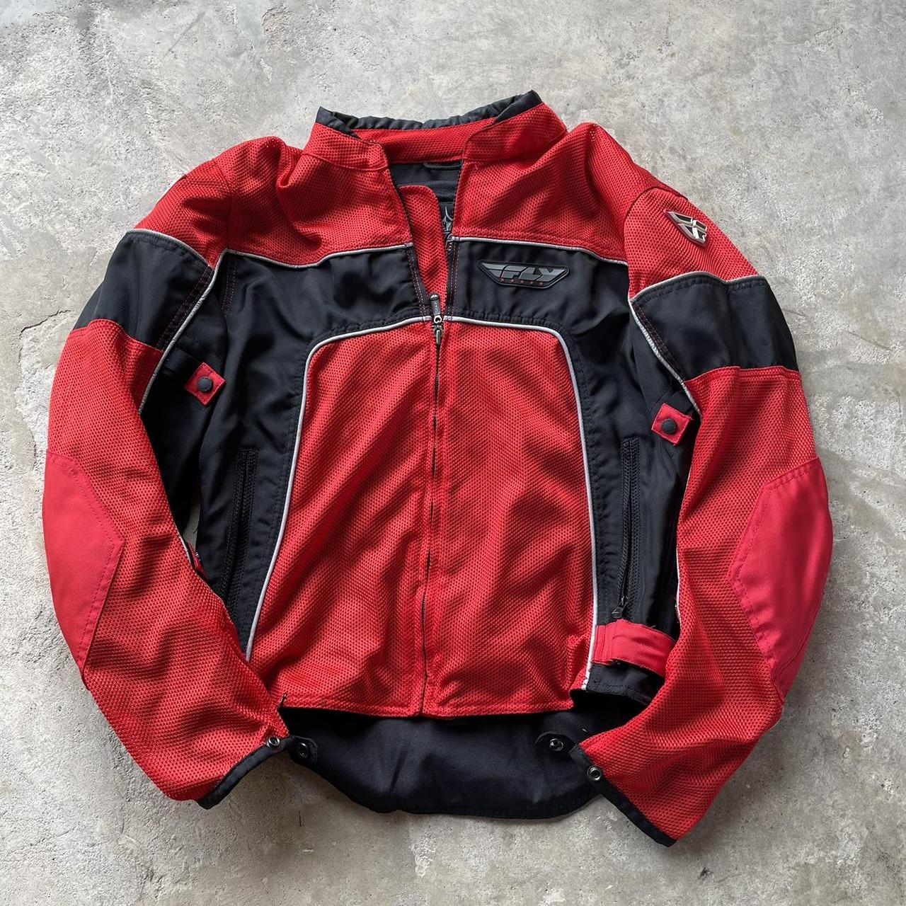 y2k padded biker jacket red and black motorcycle... - Depop