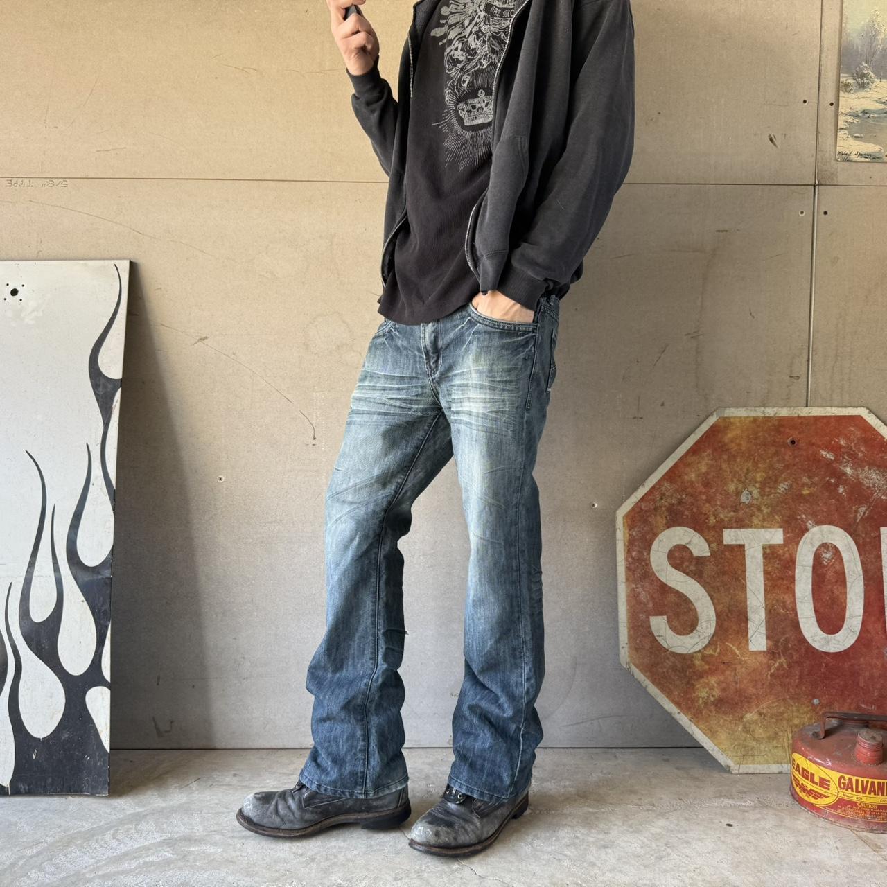 y2k grunge bootcut jeans faded dark wash jeans with... | Depop