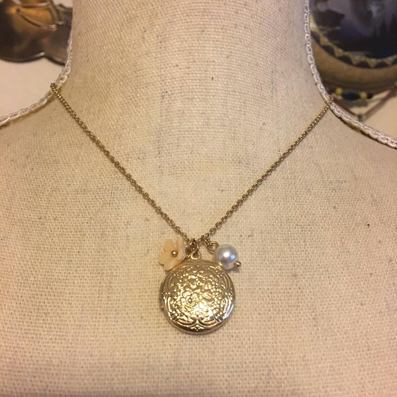 Modern gold tone locket pendant necklace with pearl... - Depop