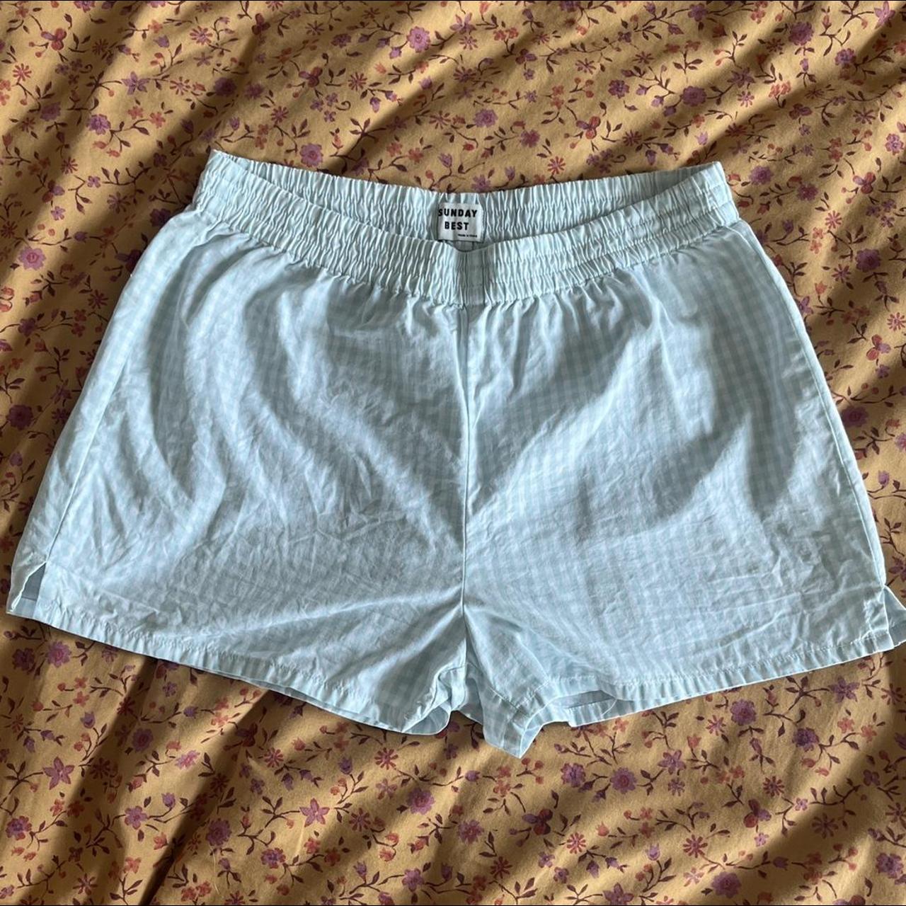 Aritzia boxer shorts in baby blue plaid / gingham... - Depop