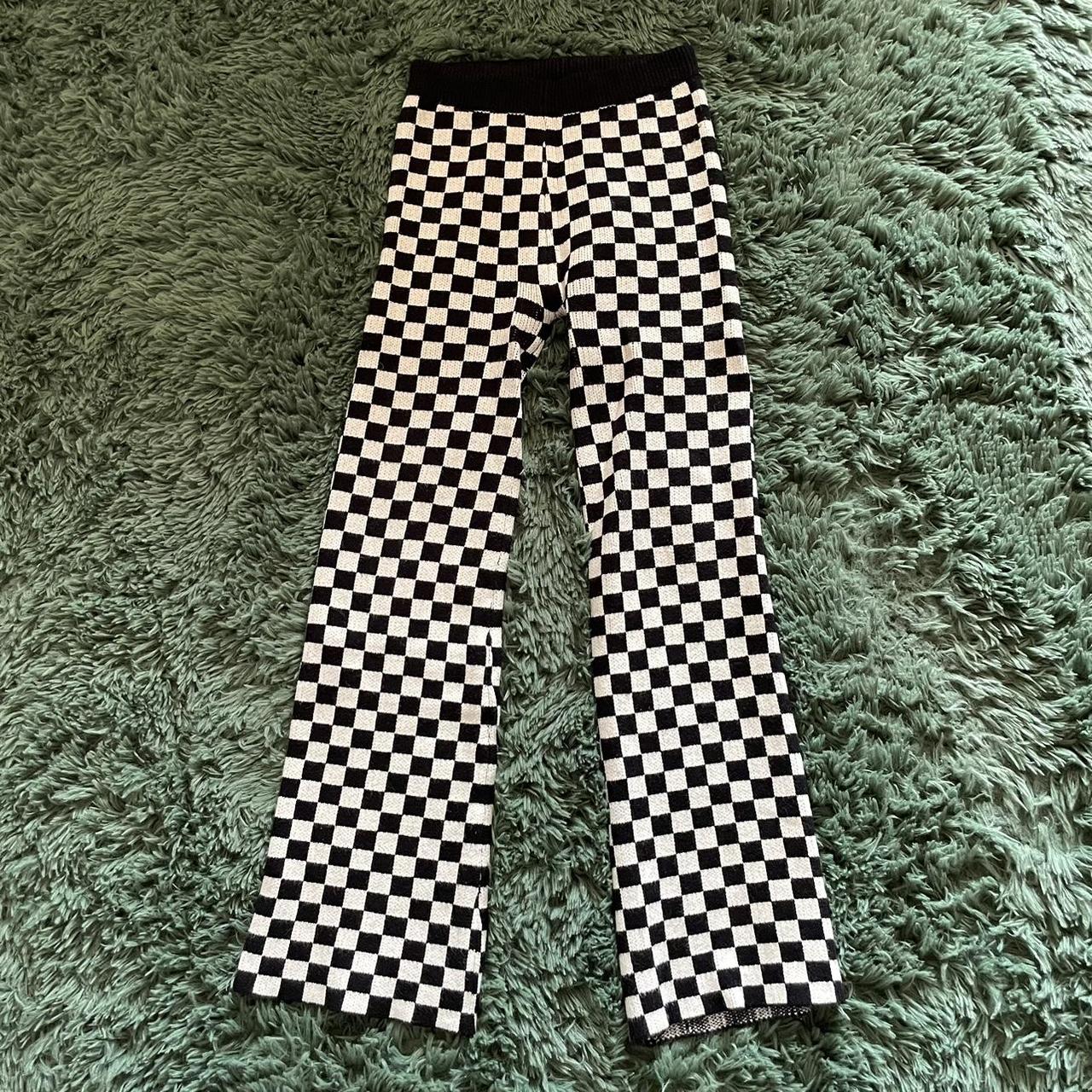 soft checkered black & white funky flare... - Depop