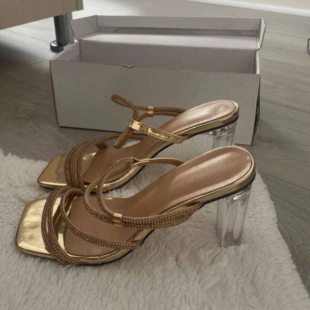 Gold rhinestone clear block heeld size 36 (4) worn... - Depop
