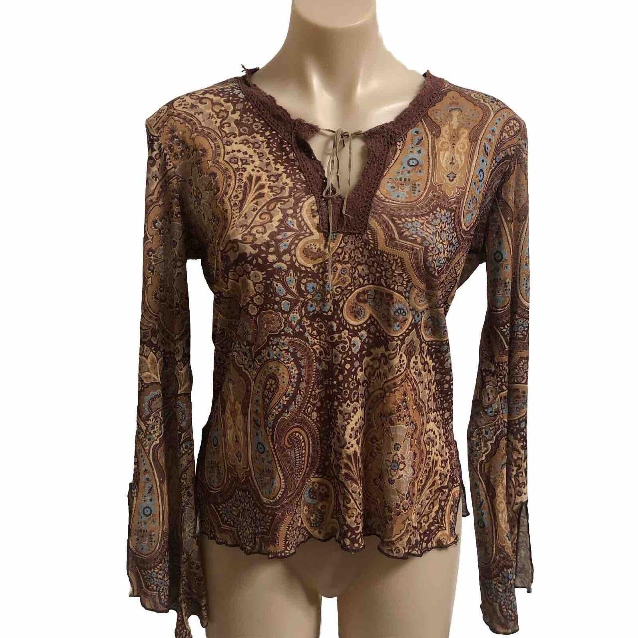 Vintage 90’s Boho Brown Paisley Sheer Stretch Top... - Depop