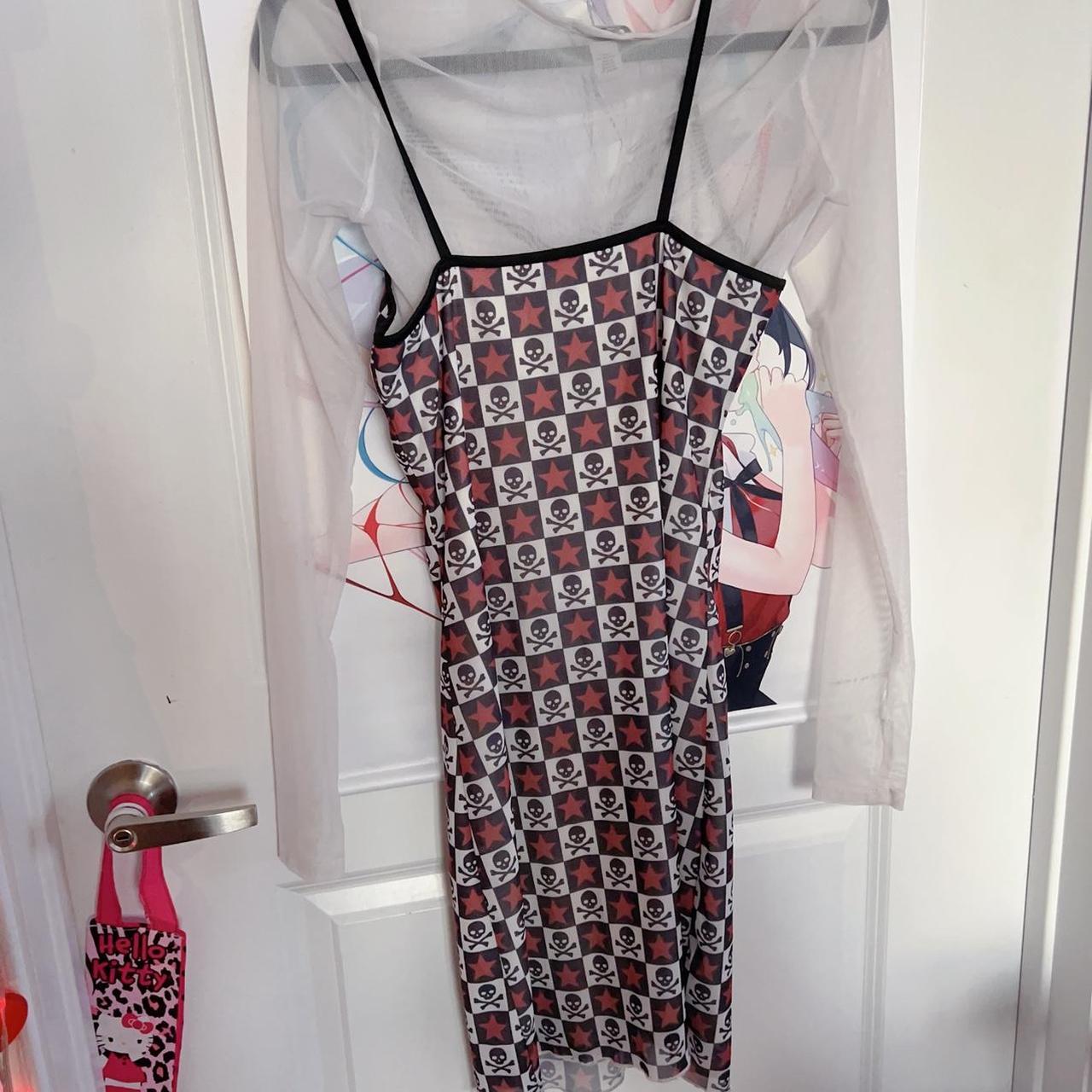 Red black and white mesh tank top skull and star emo... | Depop