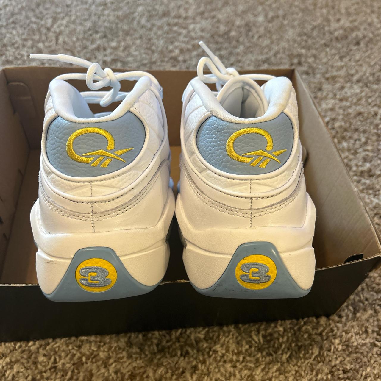 - Allen Iverson questions in a baby blue and yellow... - Depop