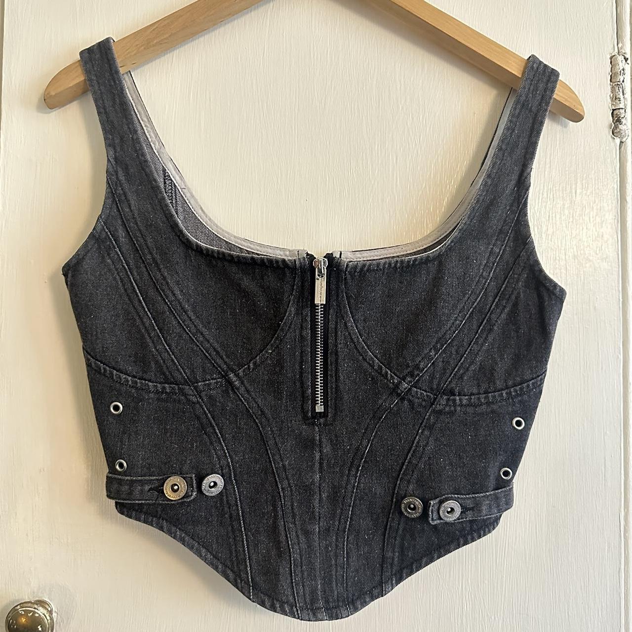 Maniere De Voir grey denim corset top Size 6 One of... - Depop