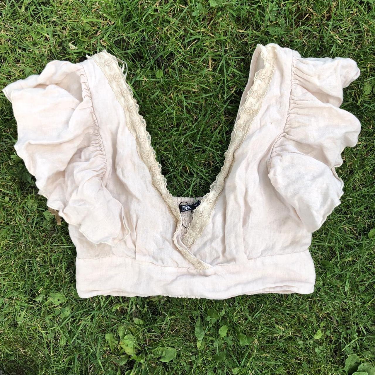 Cream Lace Plunge Crop Top With Flowy Sleeves Depop