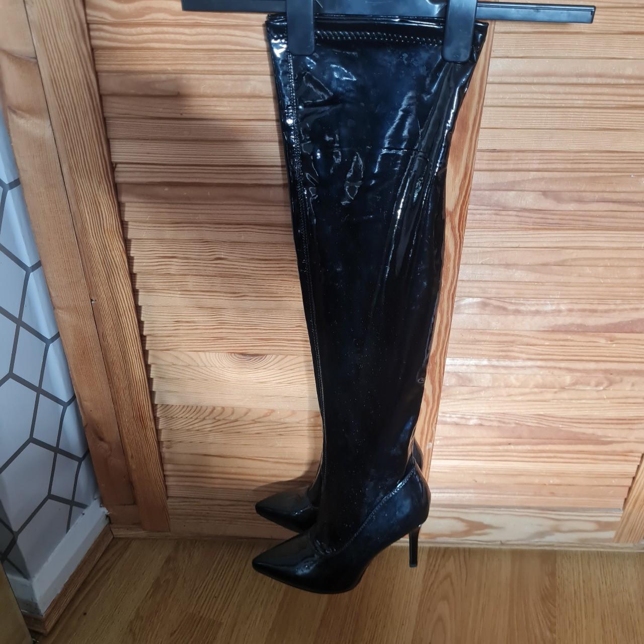 Black Patent thigh high boots Great condition Worn... - Depop
