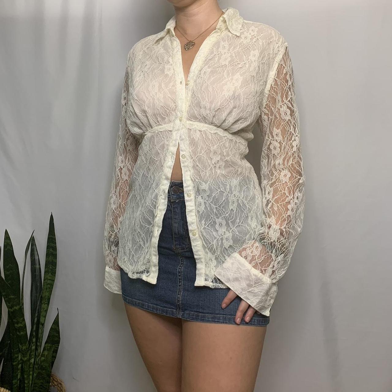 Vintage Lace Button Down Blouse Sheer sleeves &... - Depop