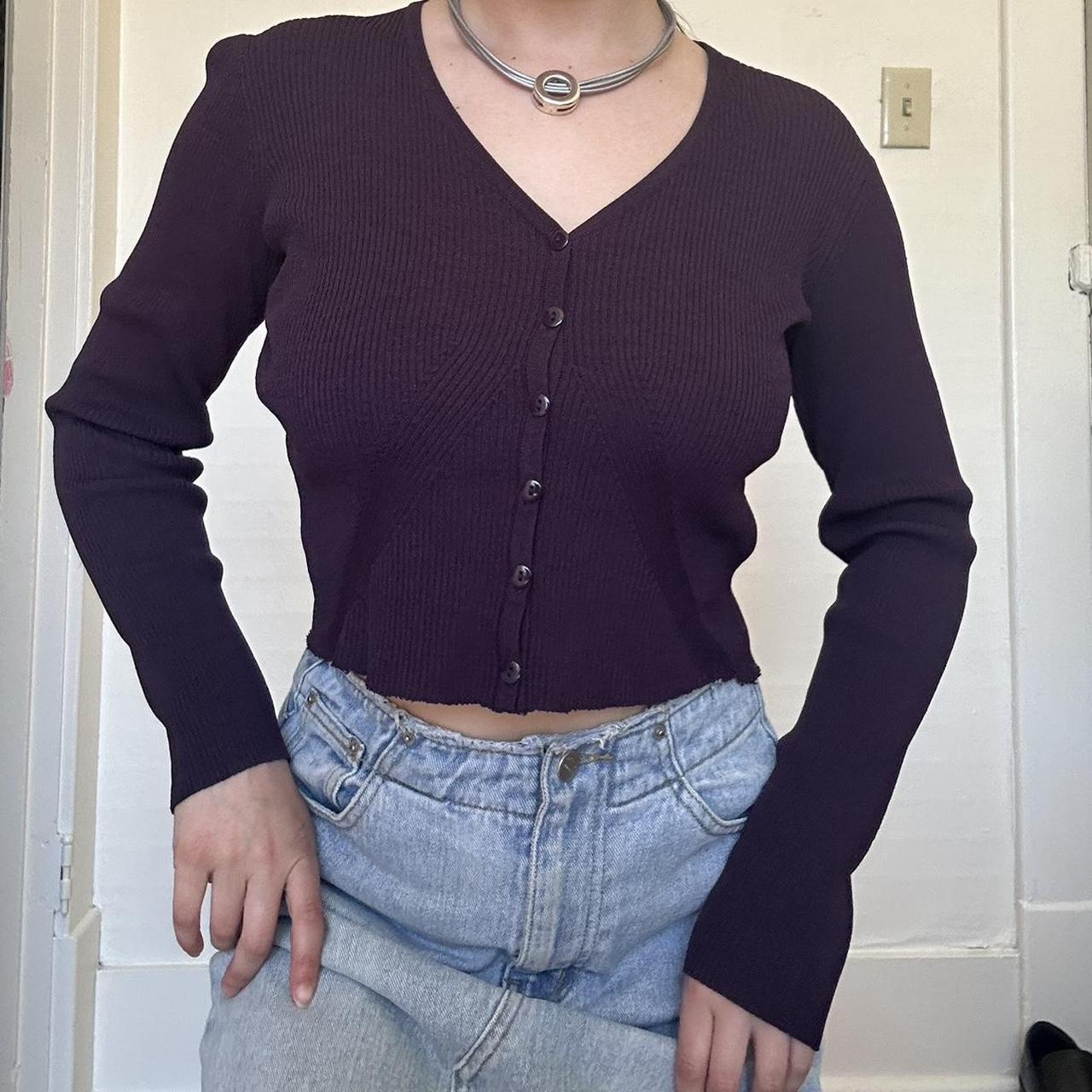 Knit purple button up cardian long sleeve top. Size... - Depop