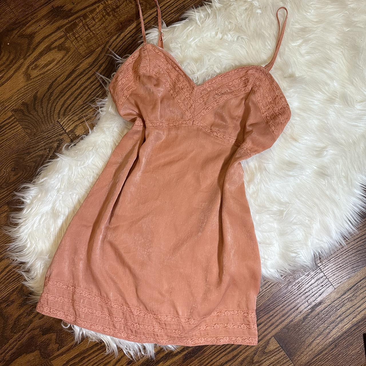 Forever 21 salmon pink satin dress with lace trim,... | Depop