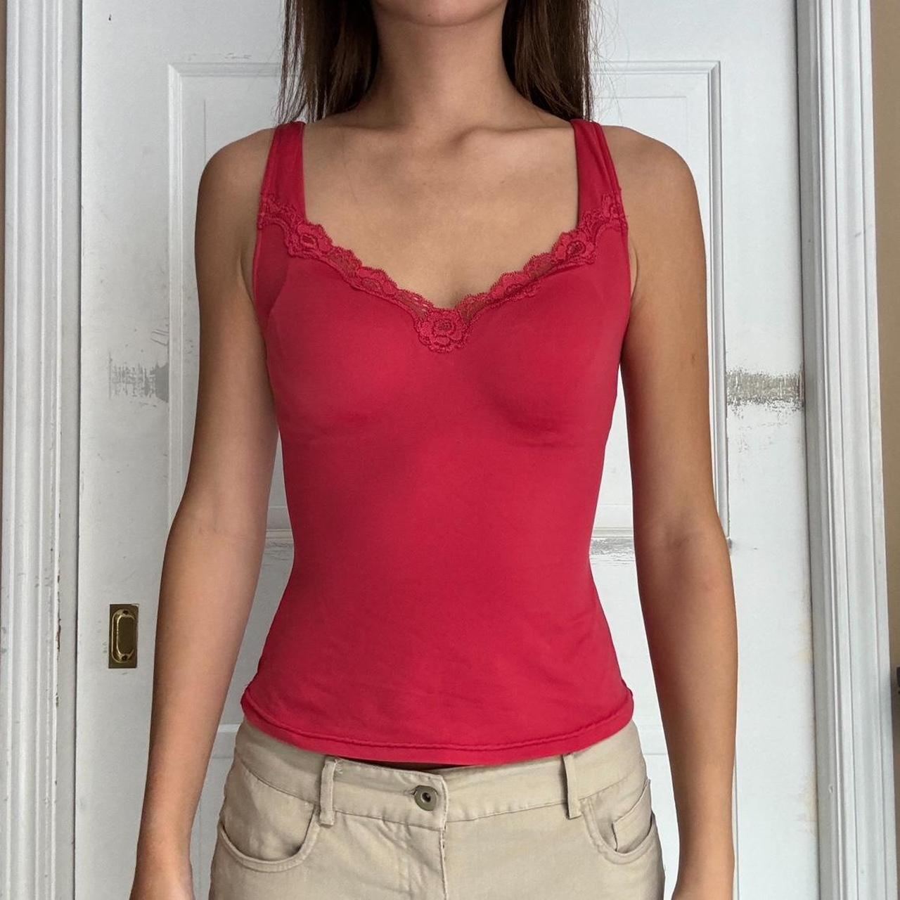 Red tank top with lace detail Super form fitting and... - Depop