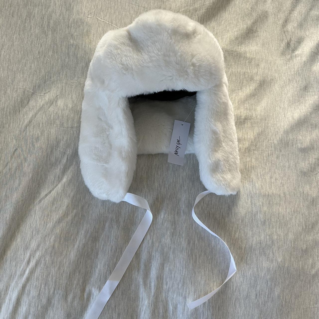 White faux fur cozy winter trapper hat with white... - Depop