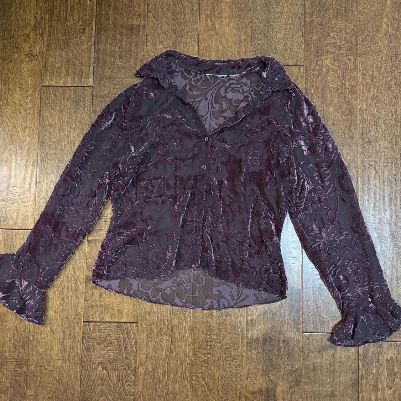 purple sheer velvet button up blouse rlly cute flowy... - Depop