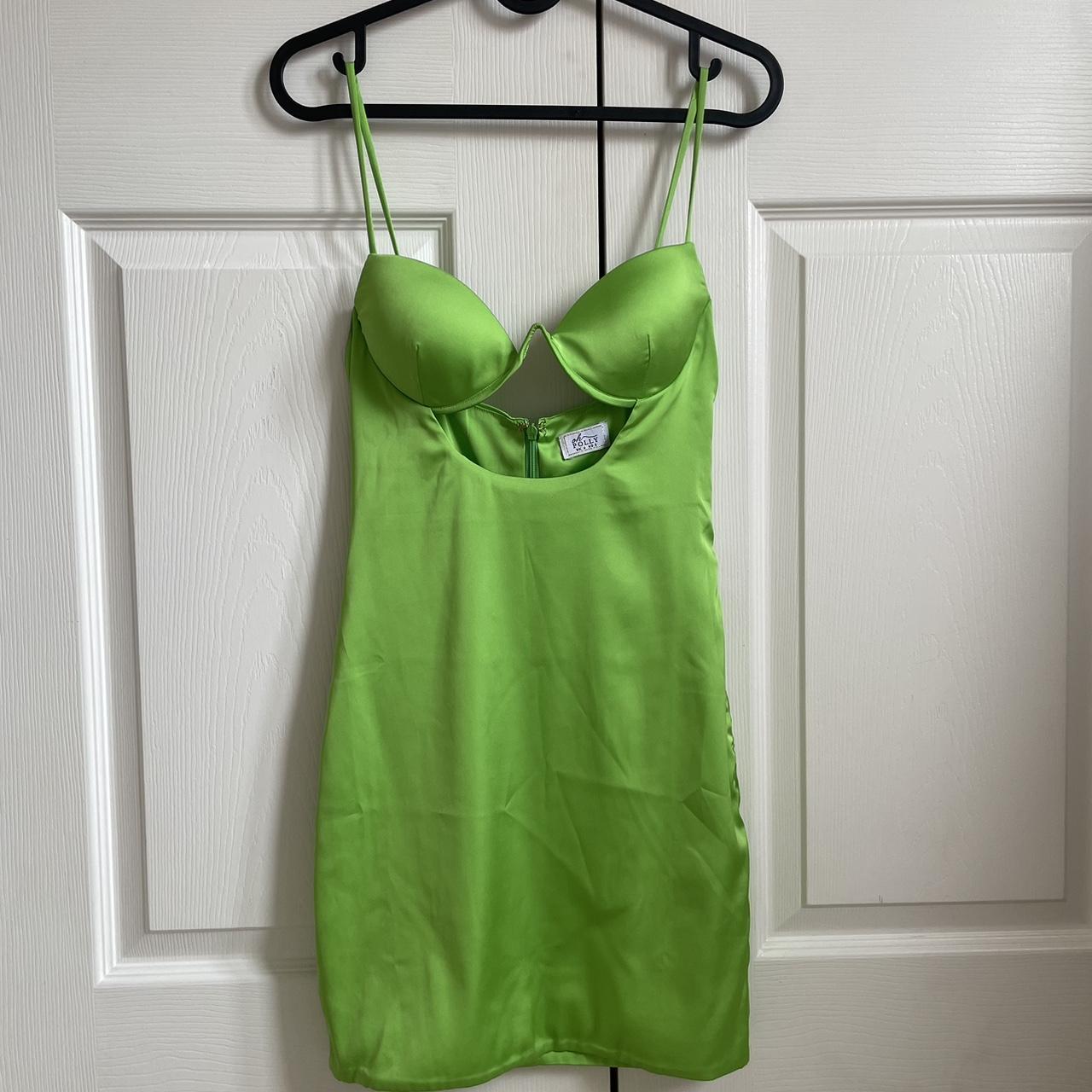 oh polly green satin dress, worn once for an event - Depop