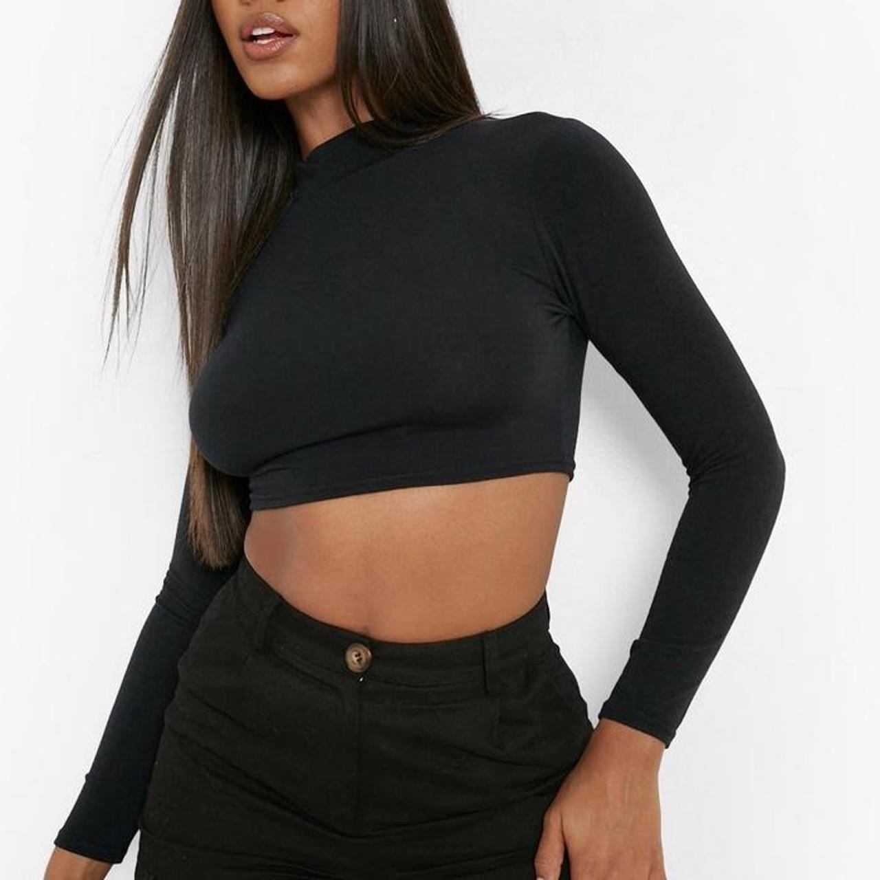 BOOHOO black long sleeved ribbed high neck crop... - Depop